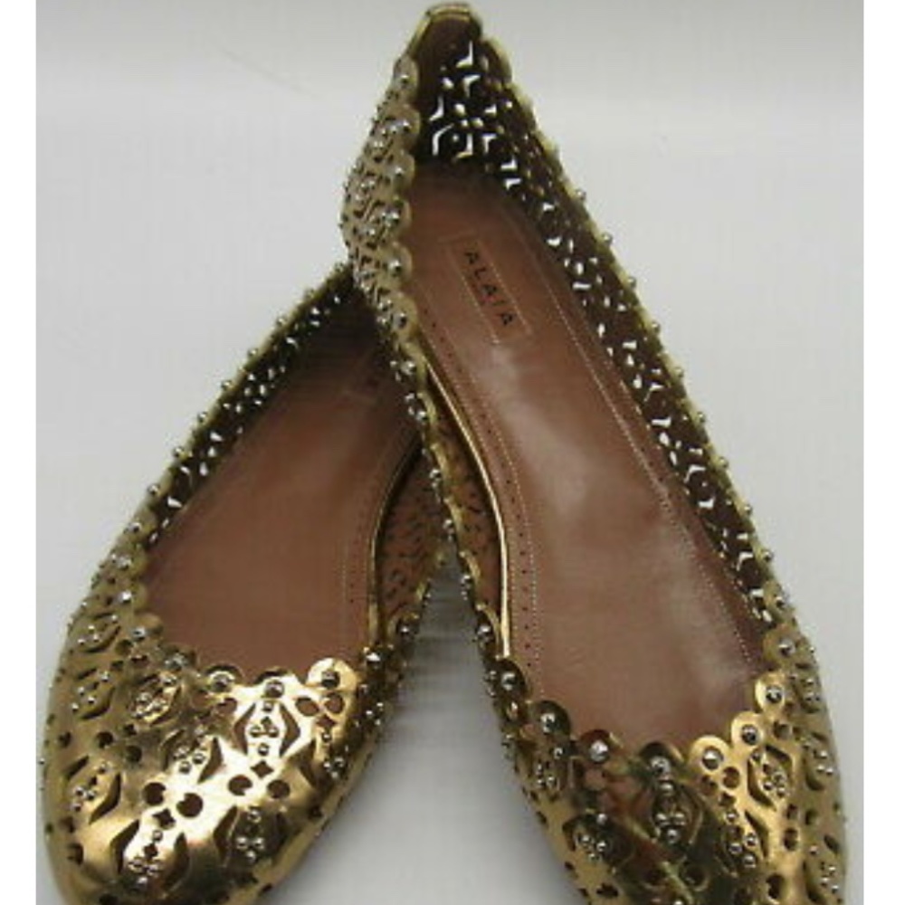 Alaia Laser-Cut Gold Studded Ballet Flats - Gem